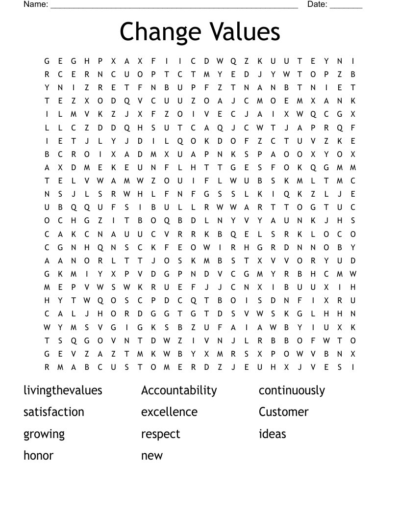 Change Values Word Search - WordMint