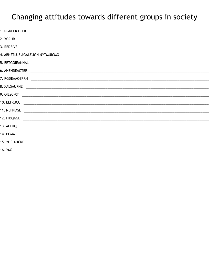 Changing attitudes towards different groups in society Word Scramble ...