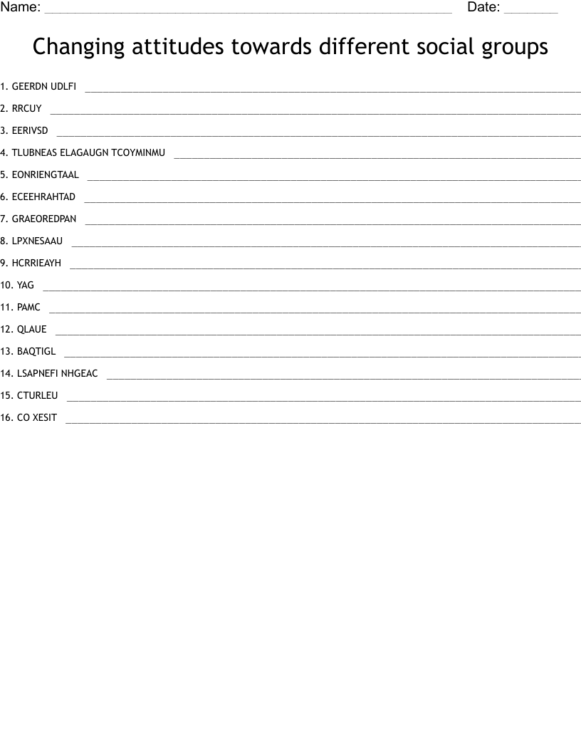 Changing attitudes towards different social groups Word Scramble - WordMint