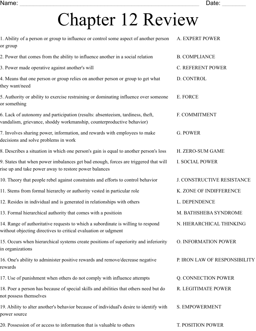 Chapter 12 Review Worksheet - WordMint