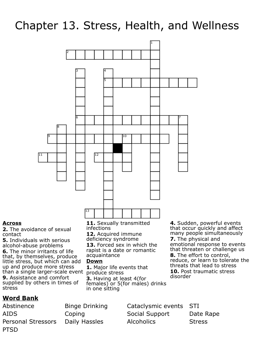 Stress Coping Skills Crossword Puzzle