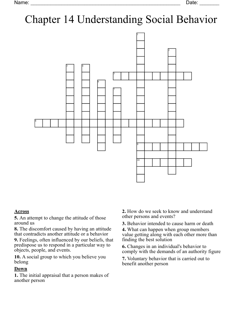 Chapter 14 Understanding Social Behavior Crossword - WordMint