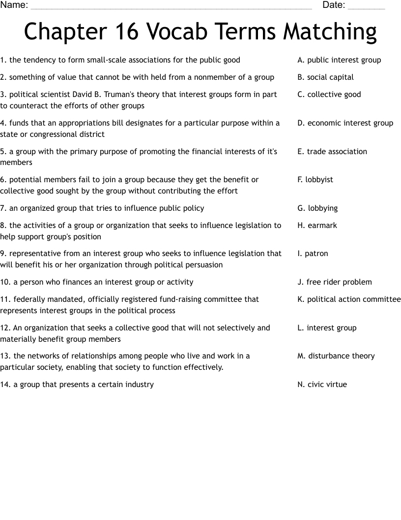 Chapter 16 Vocab Terms Matching Worksheet - WordMint