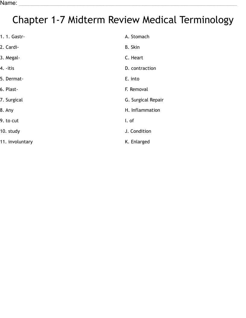Chapter 1 7 Midterm Review Medical Terminology Worksheet WordMint