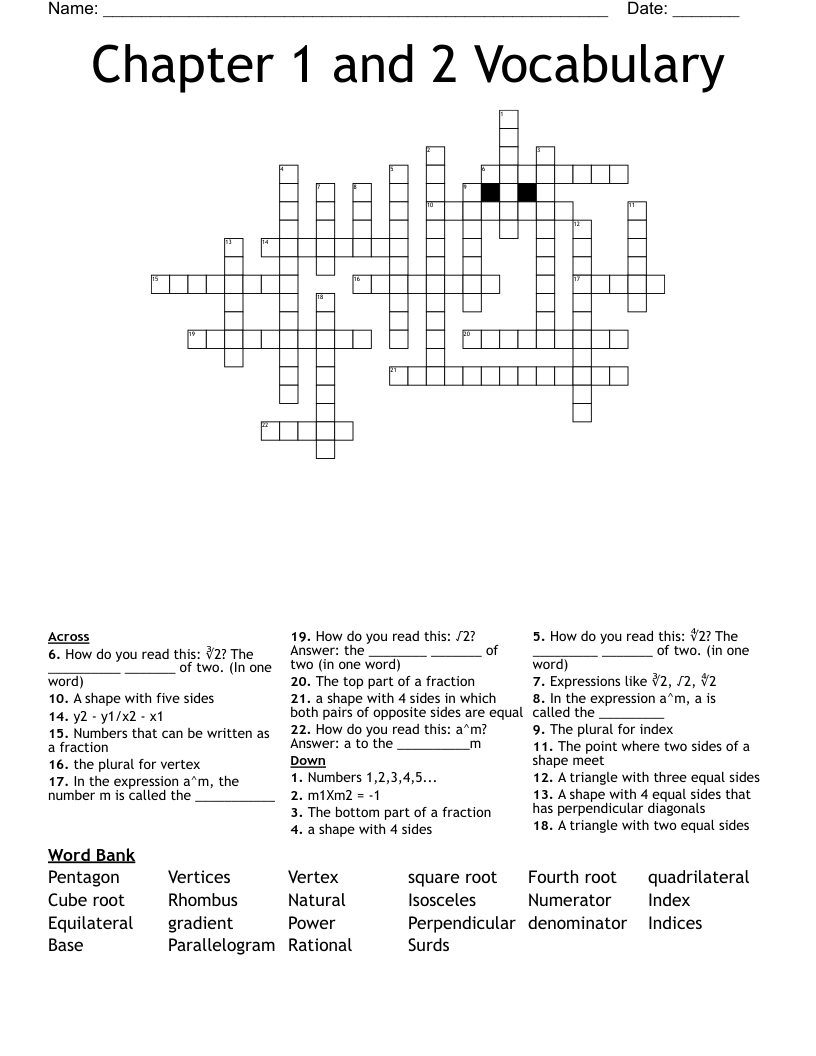 Chapter 1 and 2 Vocabulary Crossword - WordMint