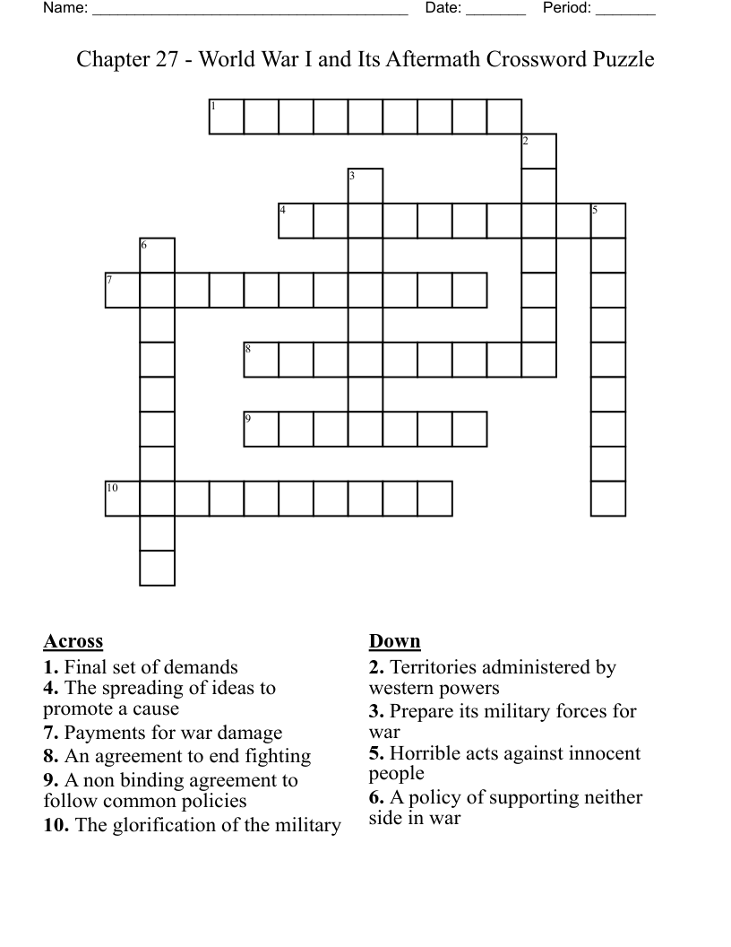 Chapter 27 World War I And Its Aftermath Crossword Puzzle WordMint