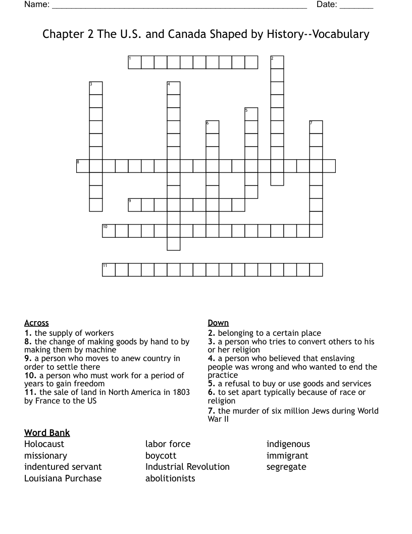 Chapter 2 The U.S. and Canada Shaped by History--Vocabulary Crossword ...