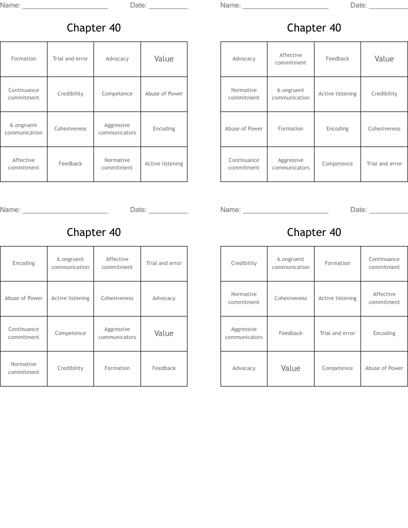 Chapter 40 Bingo Cards - WordMint