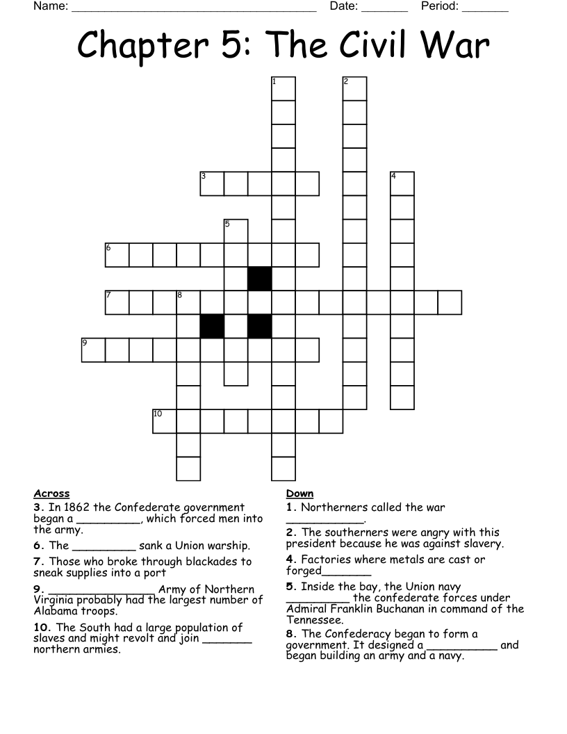 Chapter 5: The Civil War Crossword - WordMint