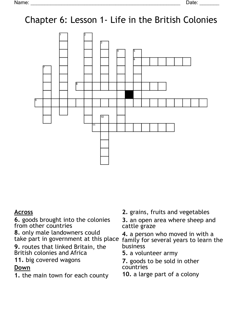 Chapter 6: Lesson 1- Life in the British Colonies Crossword - WordMint