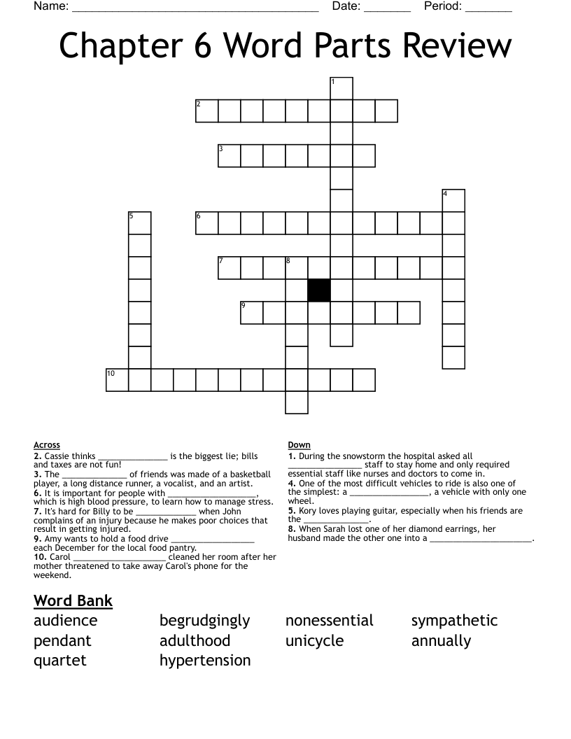 Chapter 6 Word Parts Review Crossword - WordMint