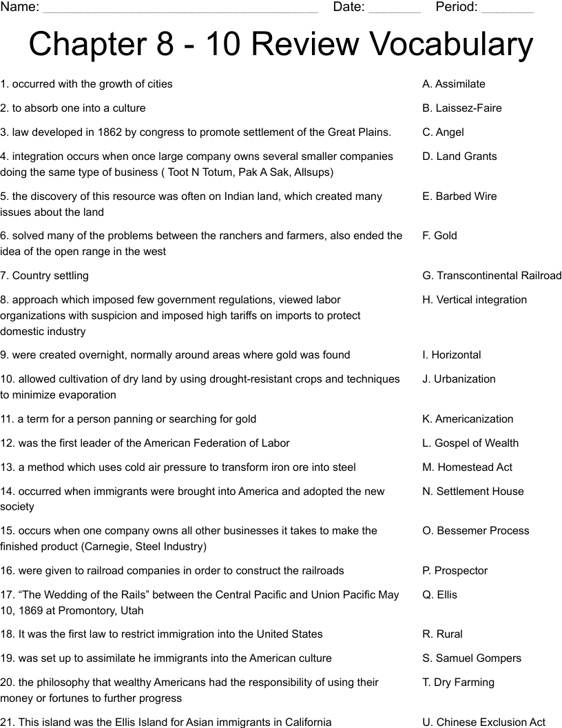 Chapter 8 - 10 Review Vocabulary Worksheet - WordMint