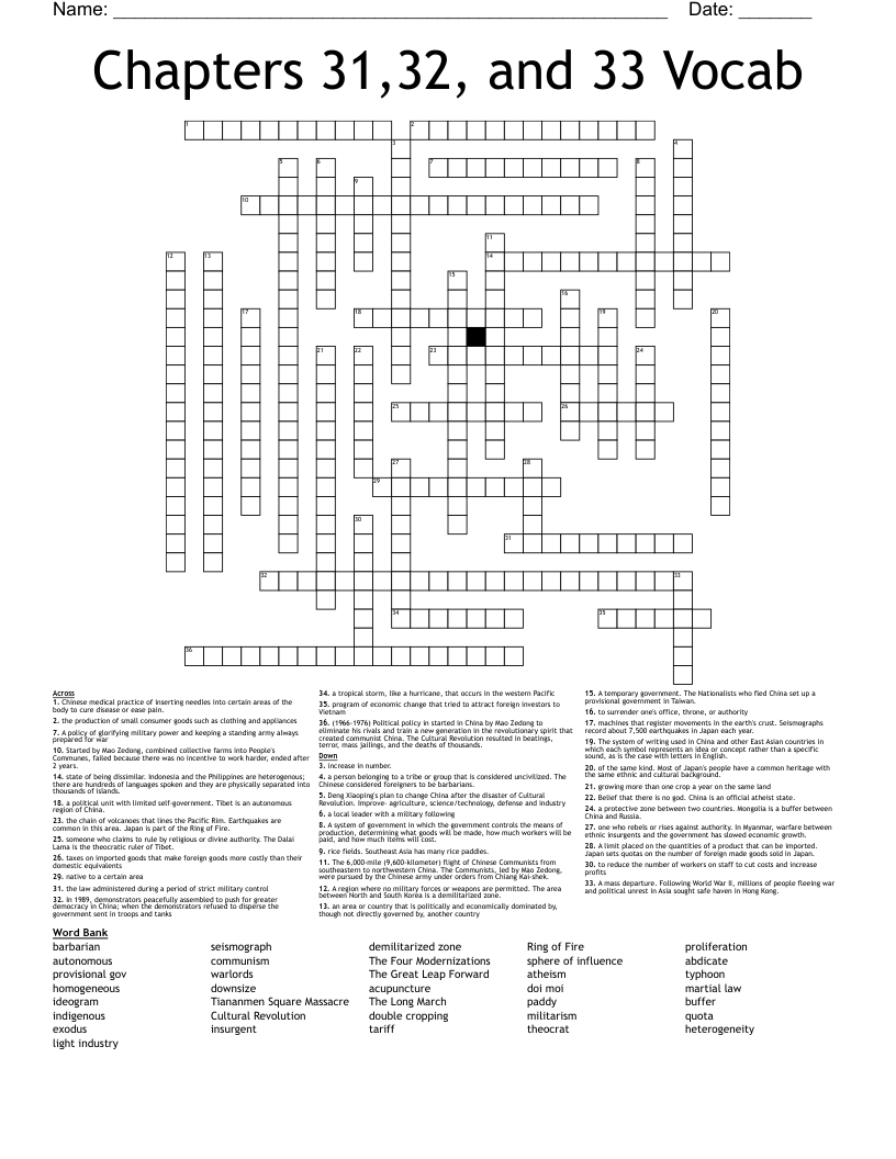Chapters 31,32, and 33 Vocab Crossword - WordMint