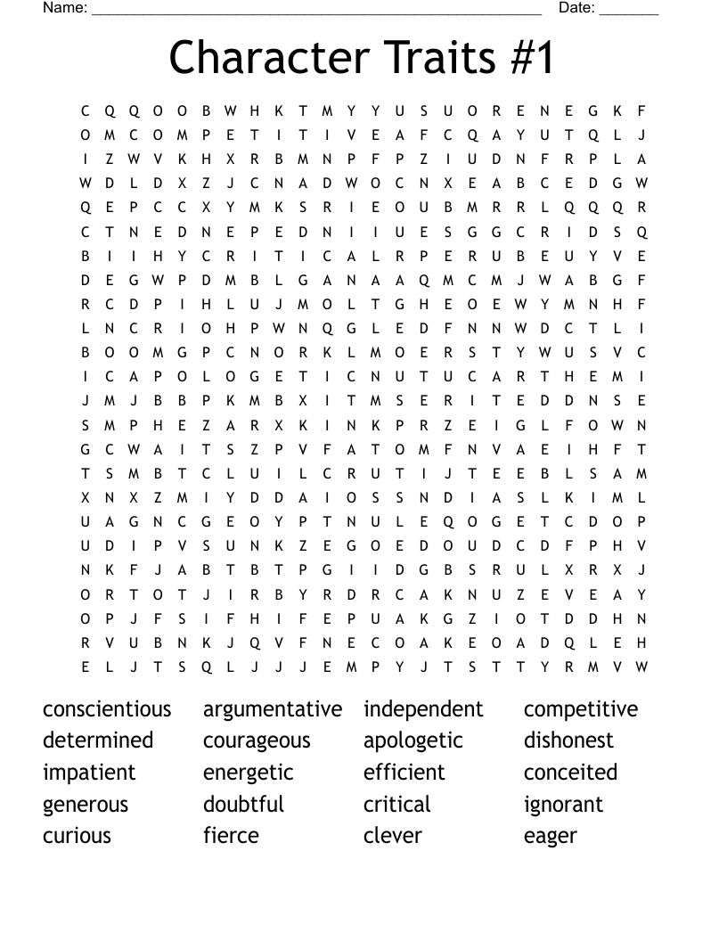 Character Traits 1 Word Search WordMint