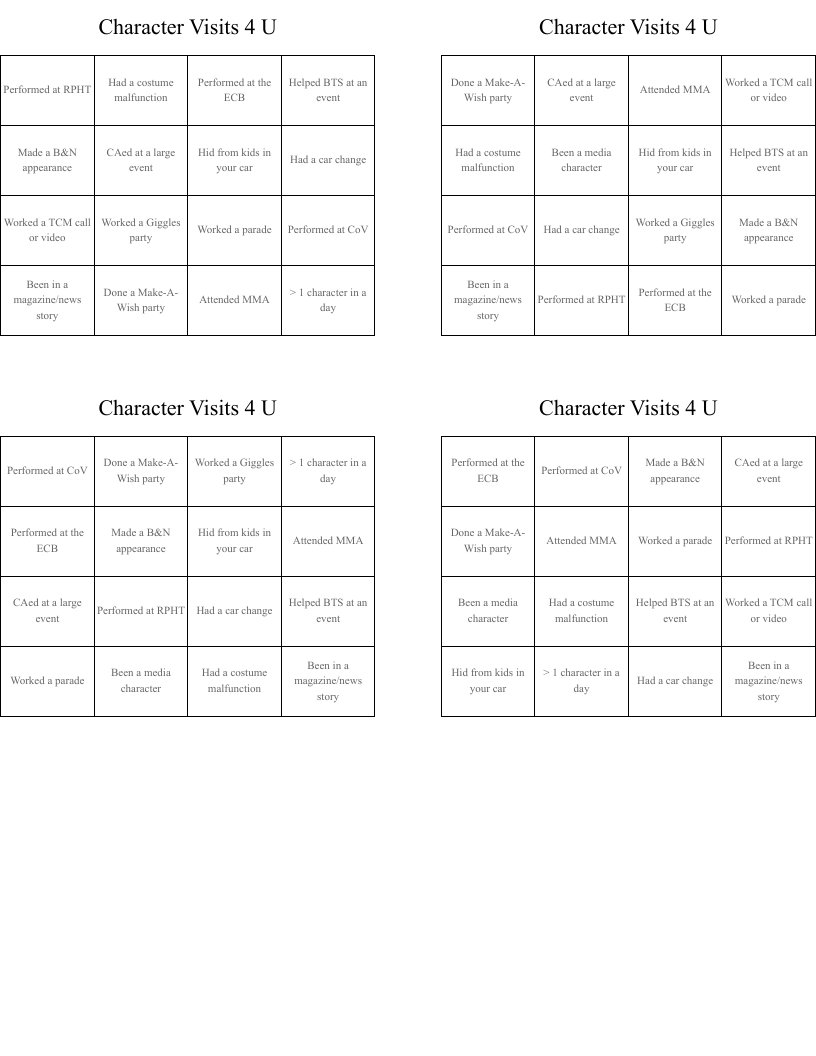Character Visits 4 U Bingo Cards - WordMint