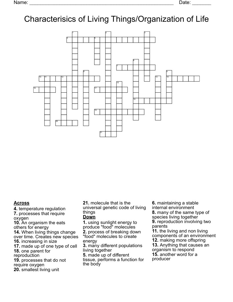 Characterisics of Living Things/Organization of Life Crossword - WordMint