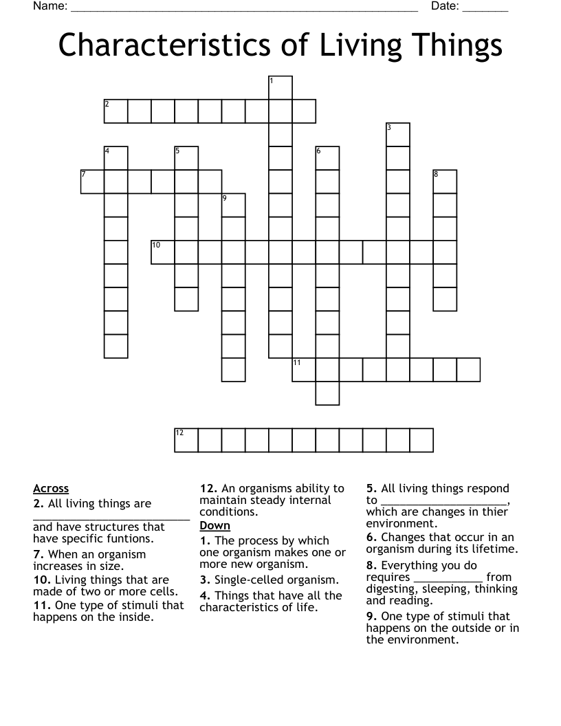 Characteristics of Living Things Crossword - WordMint
