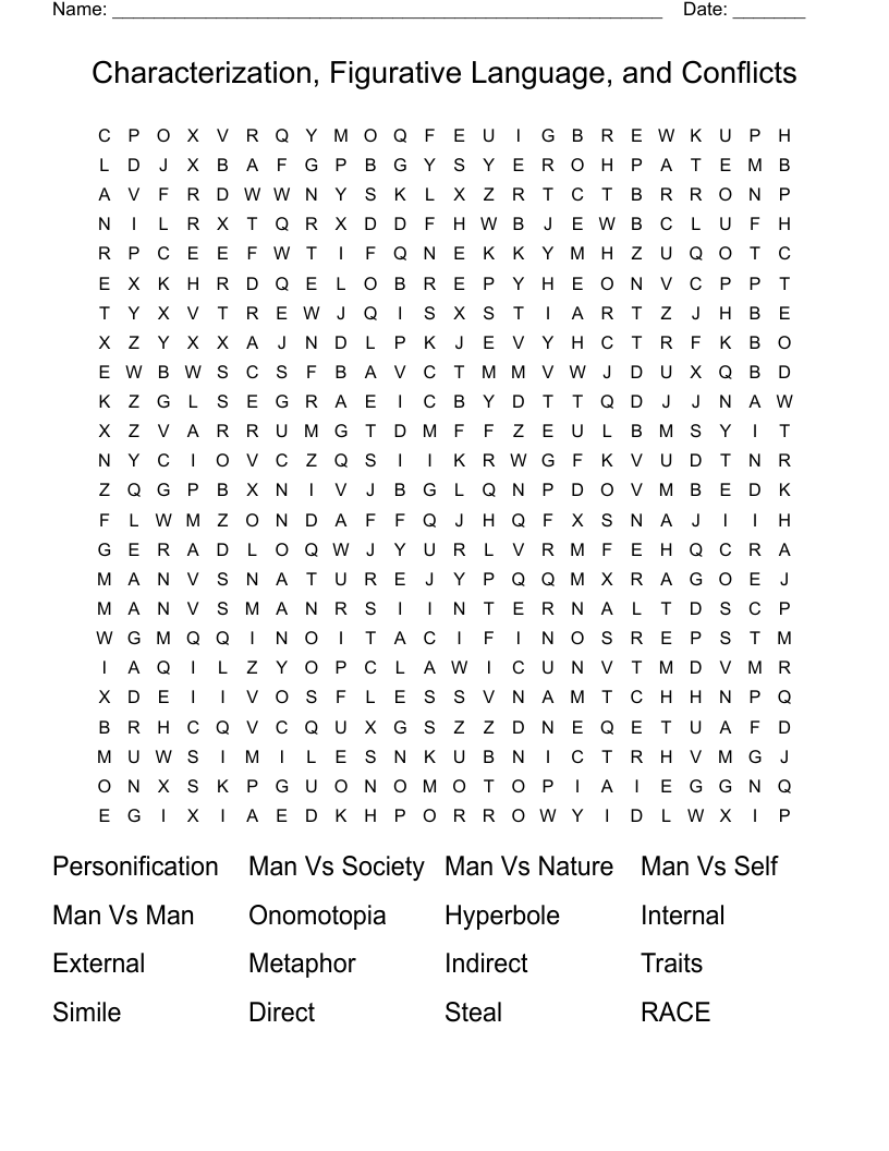 Characterization, Figurative Language, and Conflicts Word Search - WordMint