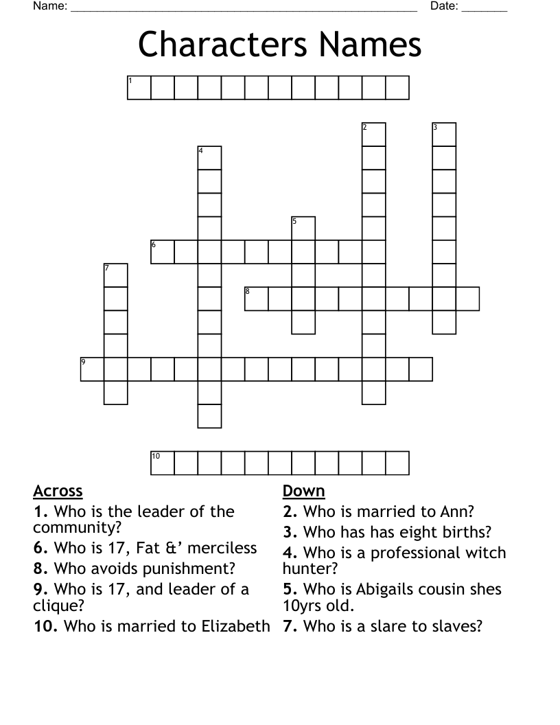 Characters Names Crossword Wordmint