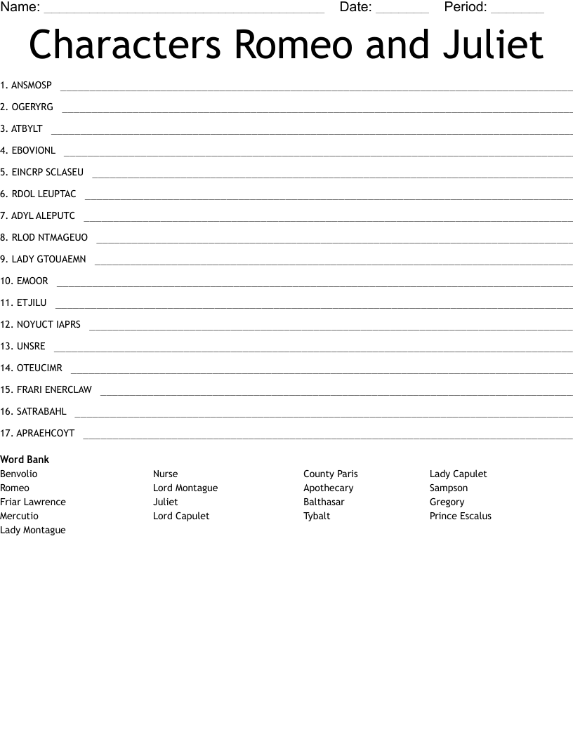 Characters Romeo and Juliet Word Scramble - WordMint