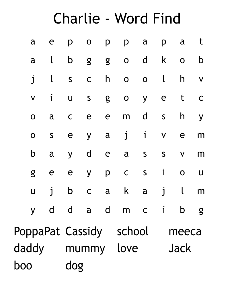 Charlie - Word Find Word Search - WordMint