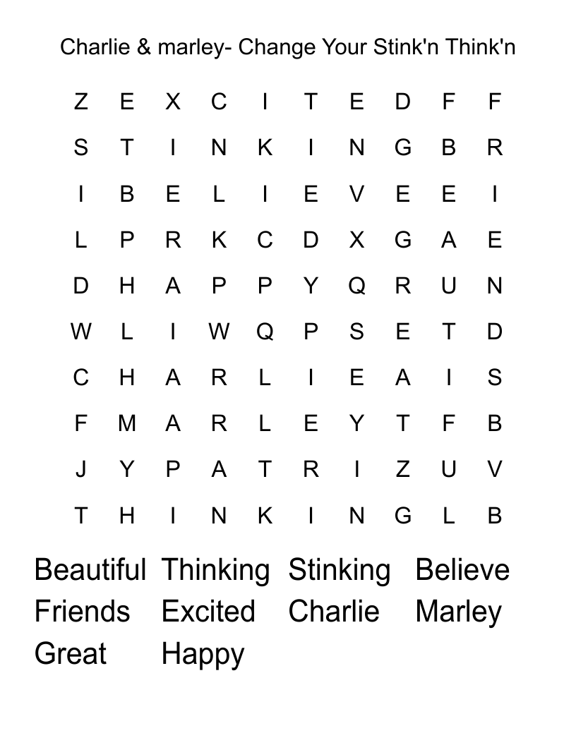Charlie & marley- Change Your Stink'n Think'n Word Search - WordMint