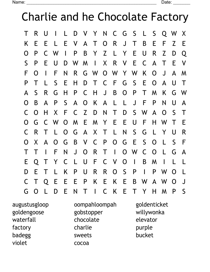 Charlie and he Chocolate Factory Word Search - WordMint