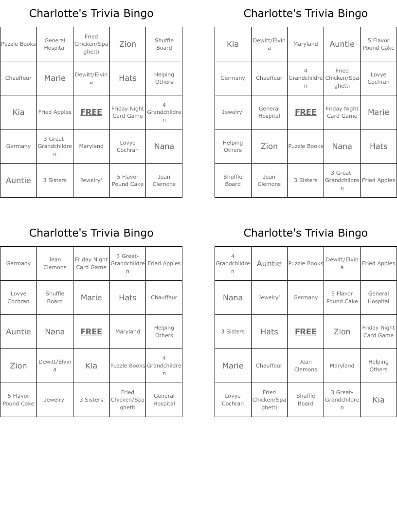 Charlotte's Trivia Bingo - WordMint