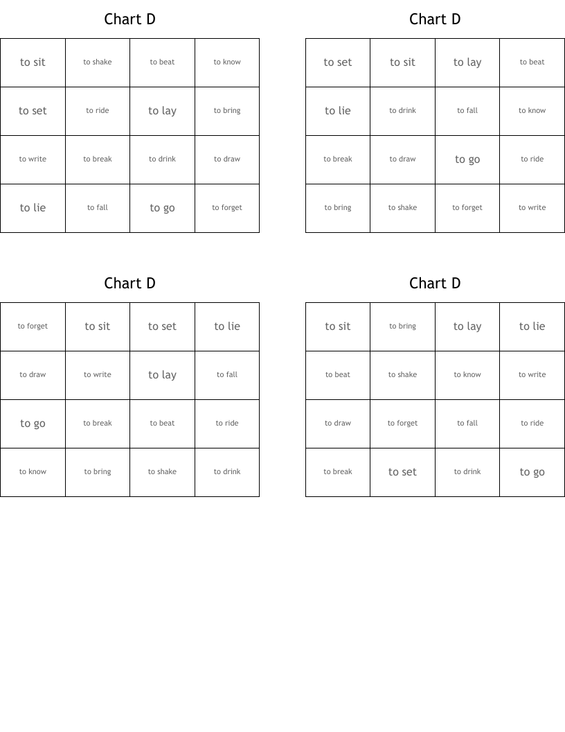 Chart D Bingo Cards - WordMint