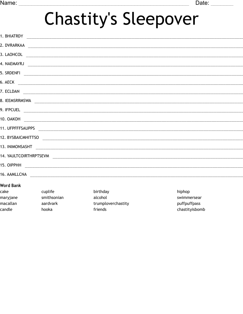 Chastity's Sleepover Word Scramble - WordMint