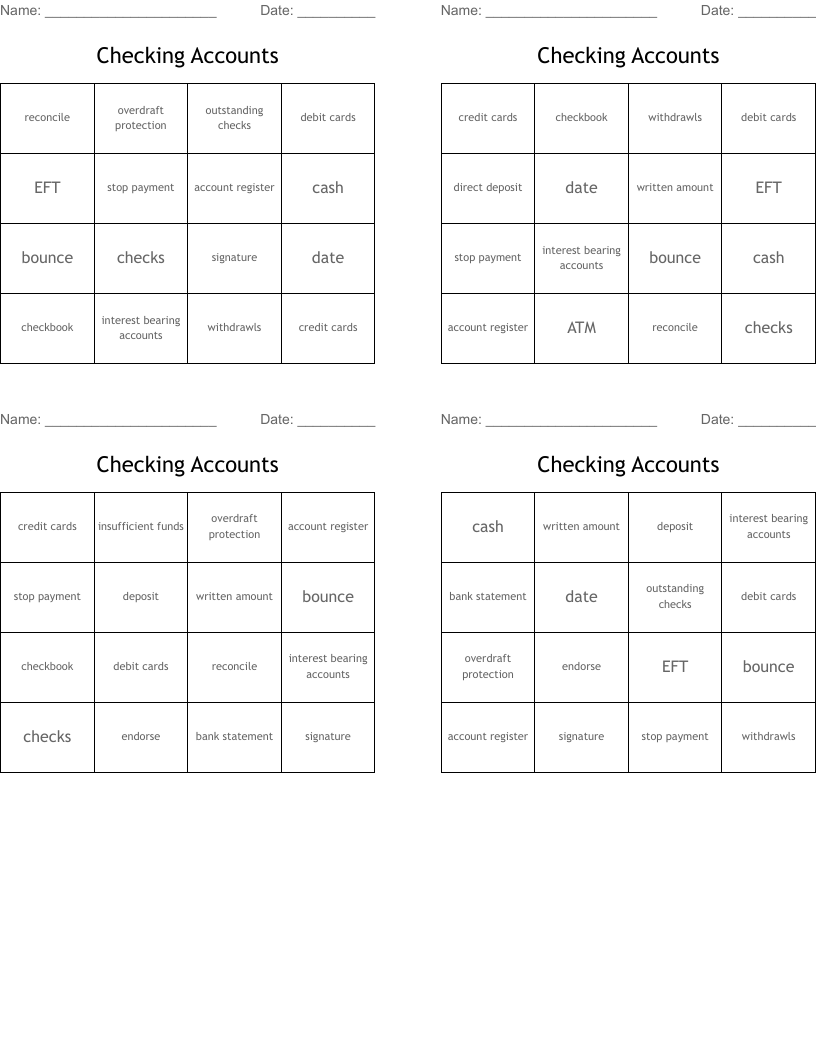 Checking Accounts Bingo Cards WordMint