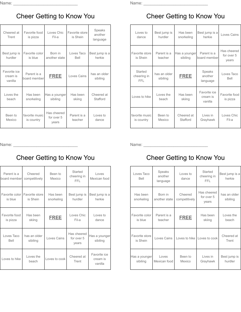 Cheer Getting to Know You Bingo Cards - WordMint