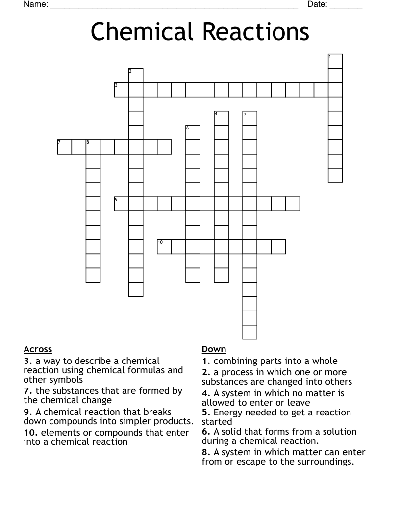 Chemical Reactions Crossword - WordMint