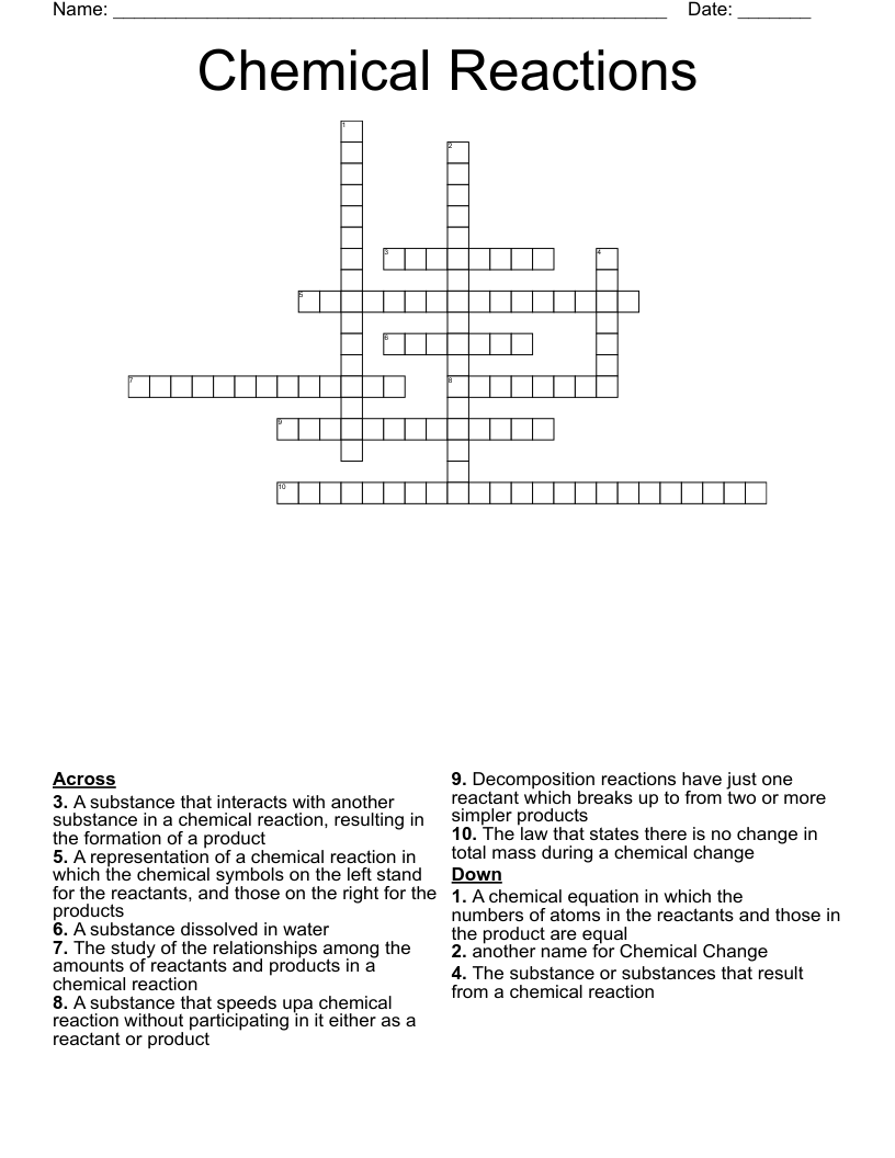 Chemical Reactions Crossword - WordMint
