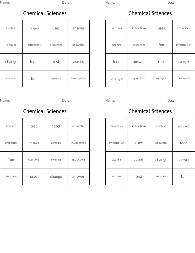 Chemical Sciences Bingo Cards - WordMint