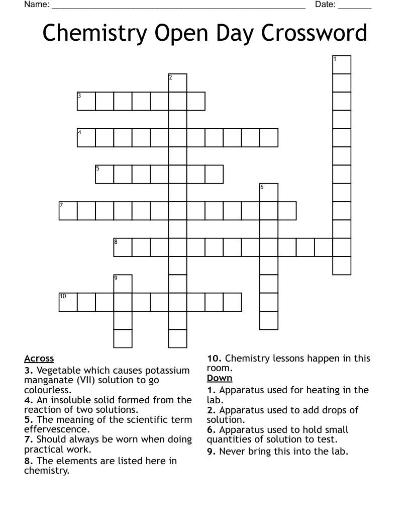 Chemistry Open Day Crossword - WordMint