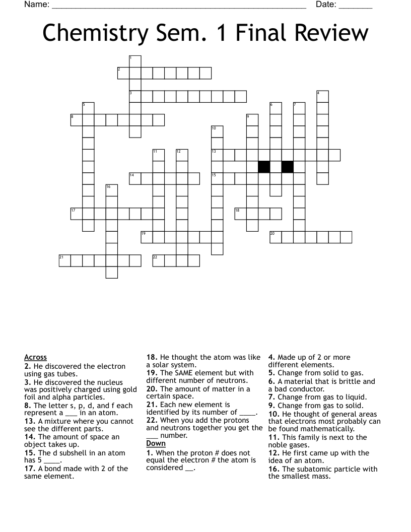 Chemistry Sem. 1 Final Review Crossword - WordMint