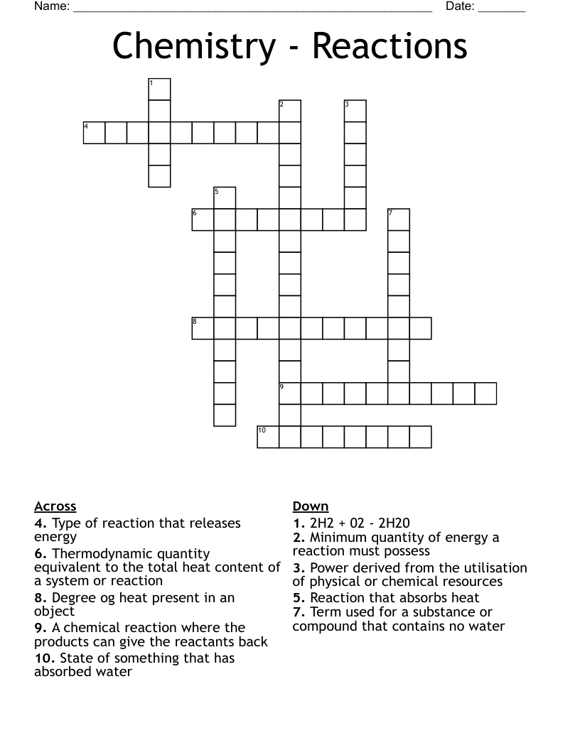 Chemistry - Reactions Crossword - WordMint