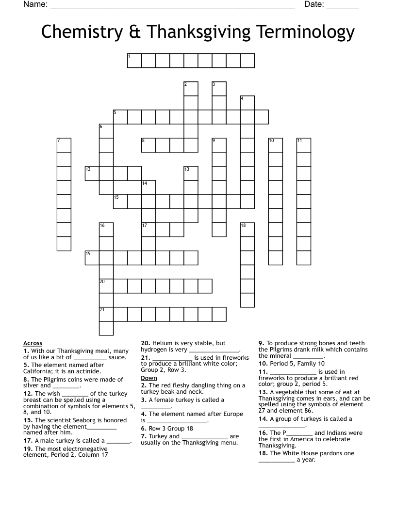 Chemistry & Thanksgiving Terminology Crossword - WordMint