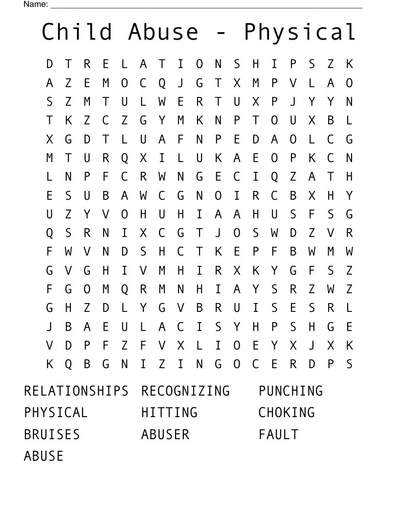 Child Abuse - Physical Word Search - WordMint
