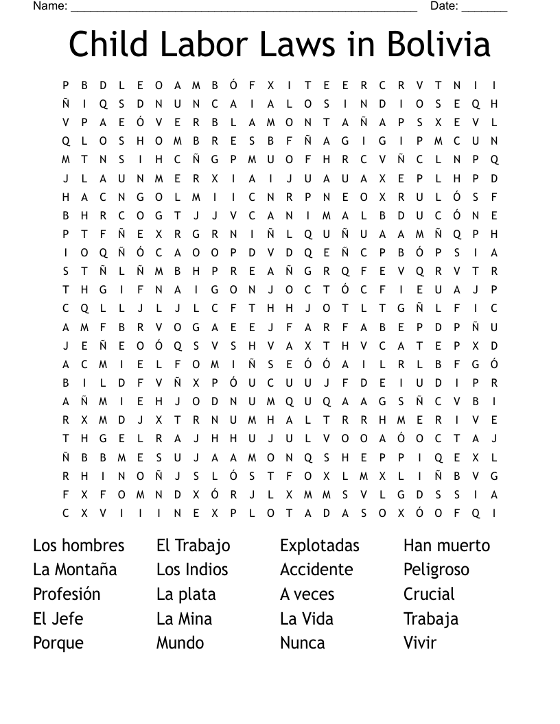 Child Labor Laws in Bolivia Word Search - WordMint