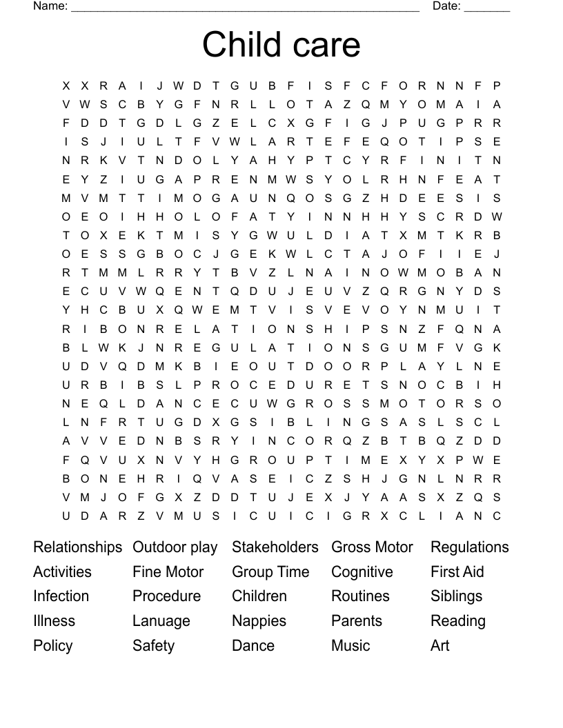 Child Care Word Search WordMint