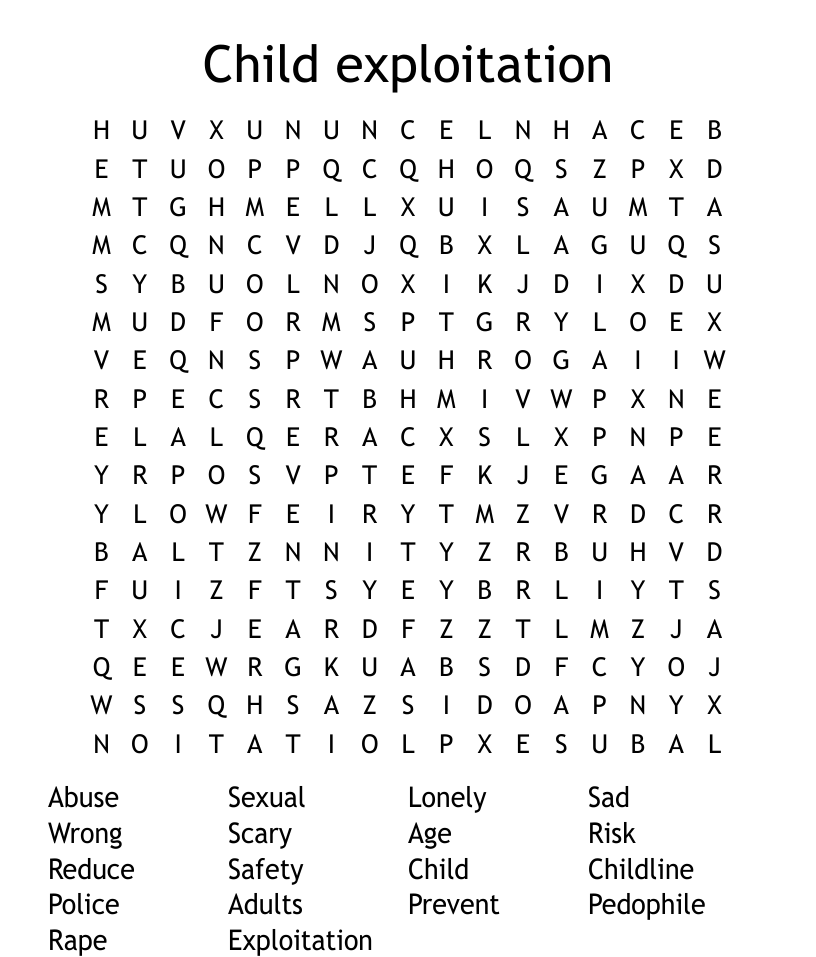 child exploitation Word Search - WordMint