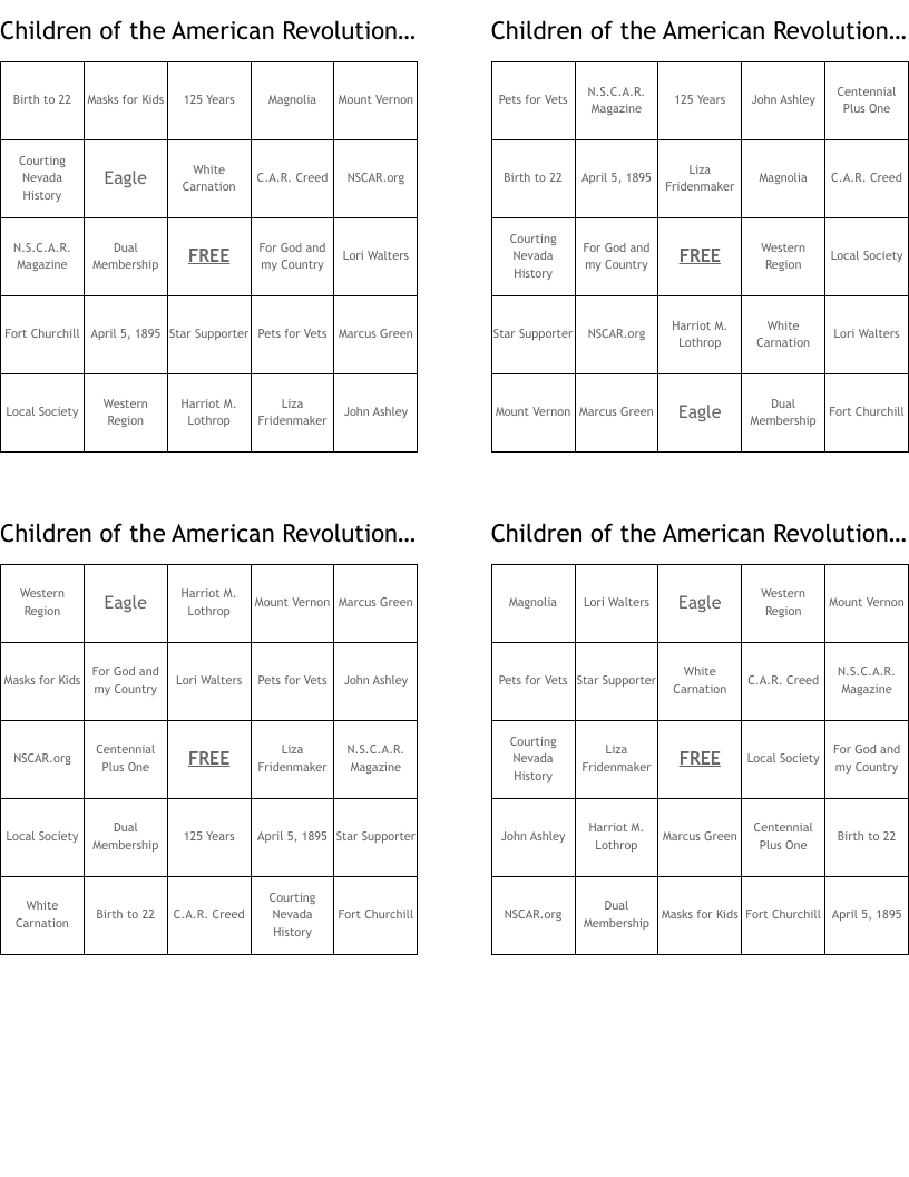 Children of the American Revolution Bingo - WordMint
