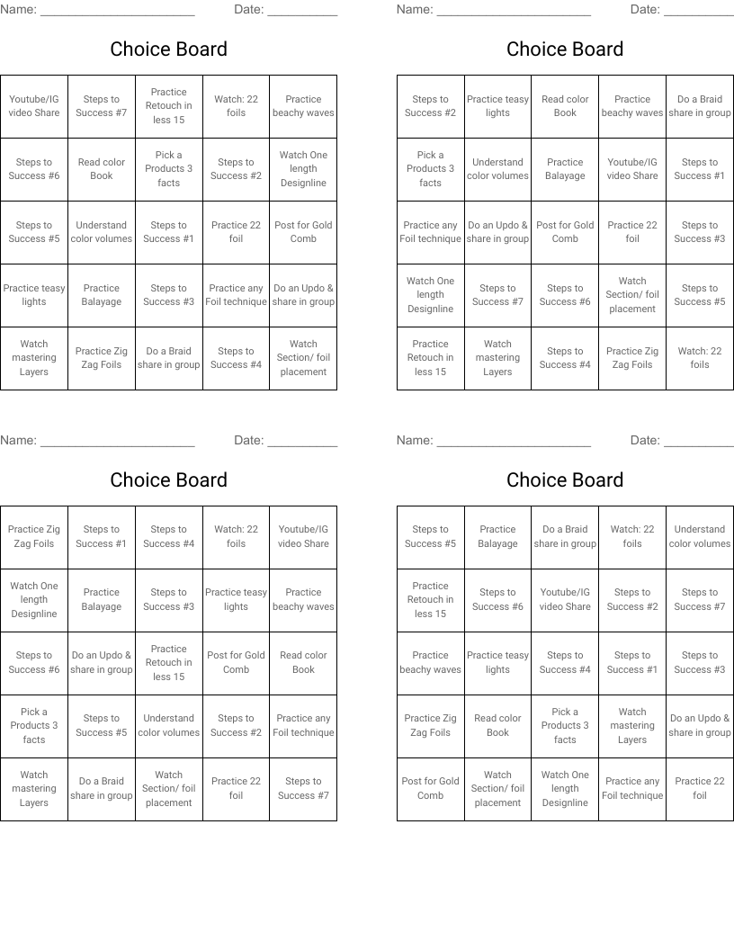 Choice Board Bingo Cards - WordMint