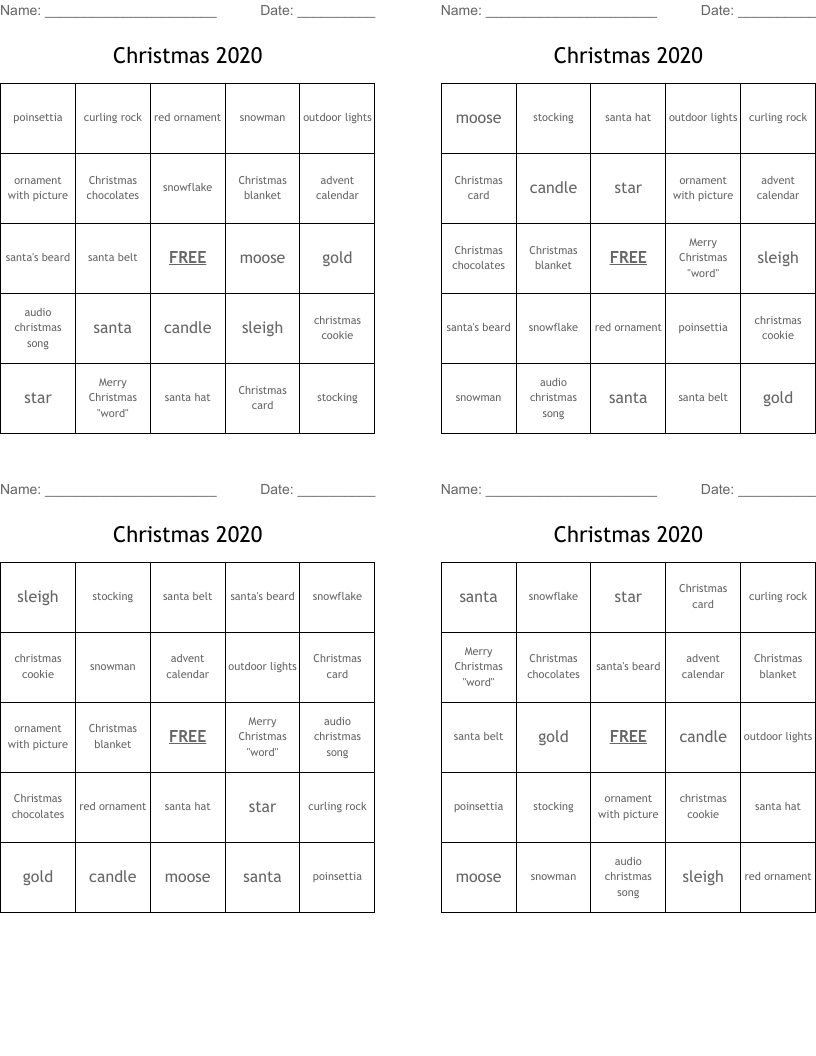 Christmas 2020 Bingo Cards - WordMint