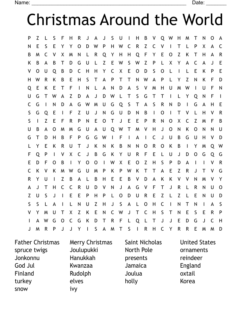 Christmas Around the World Word Search - WordMint