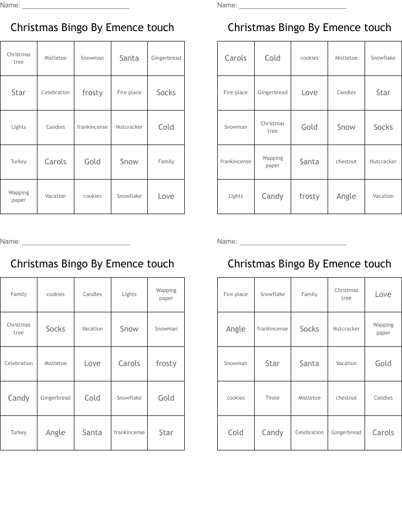 Christmas Bingo By Emence touch - WordMint