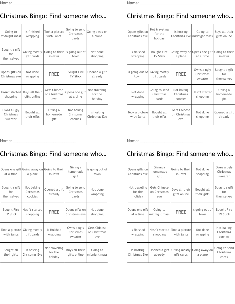 Christmas Bingo: Find someone who... - WordMint