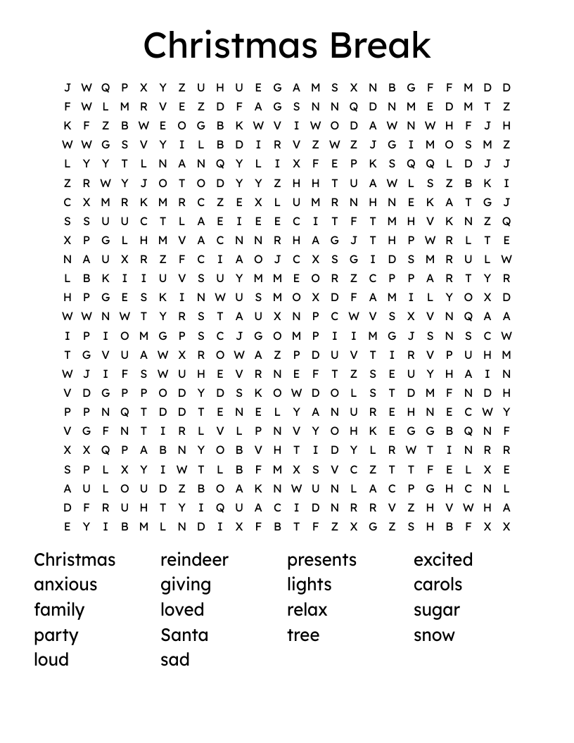 Christmas Break Word Search WordMint